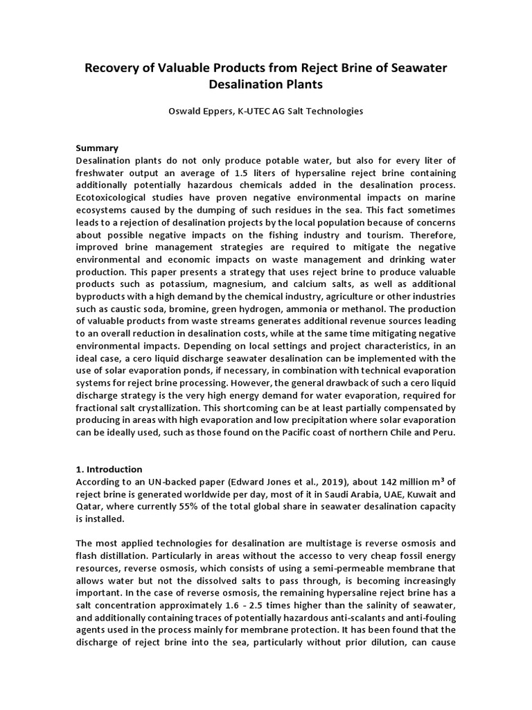 Recovery of Valuable Products From Reject Brine | PDF | Sodium Chloride ...