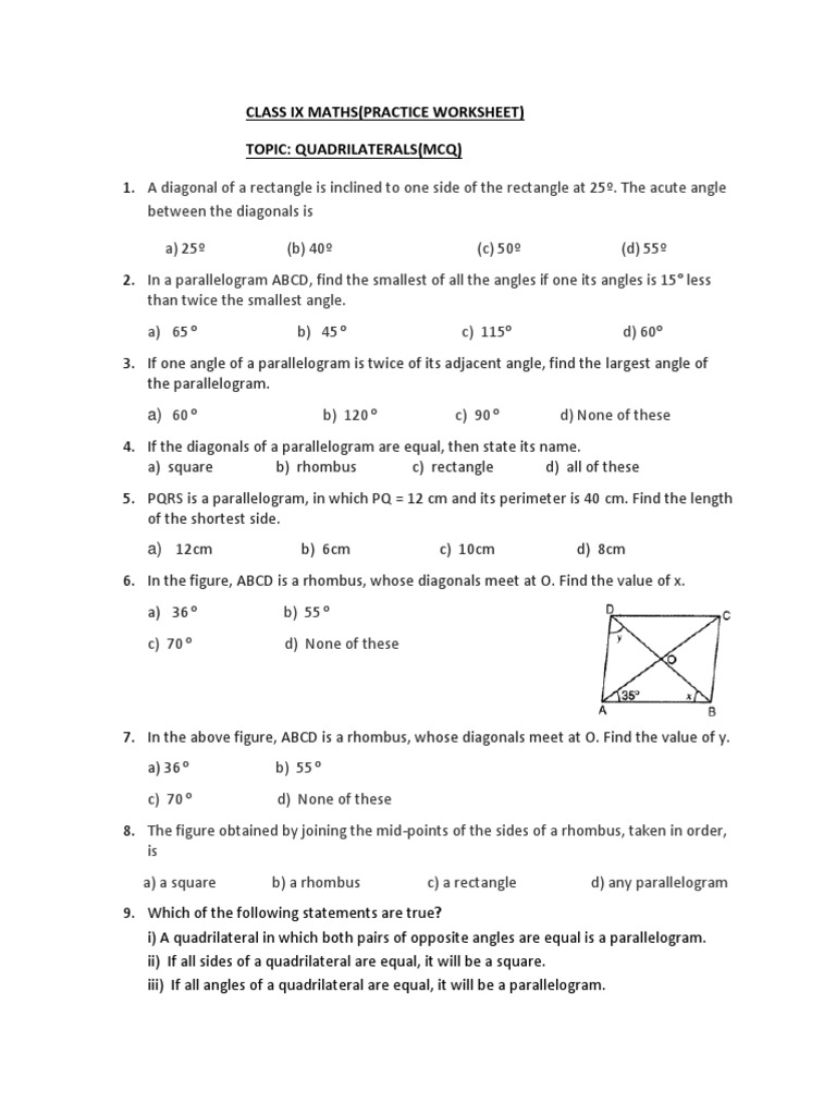 Class 9 MCQ QUADRILATERALS | PDF | Rectangle | Circle