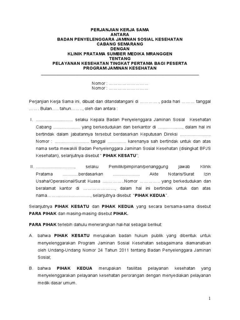 Template PKS Klinik Pratama Tahun 2023 Update | PDF