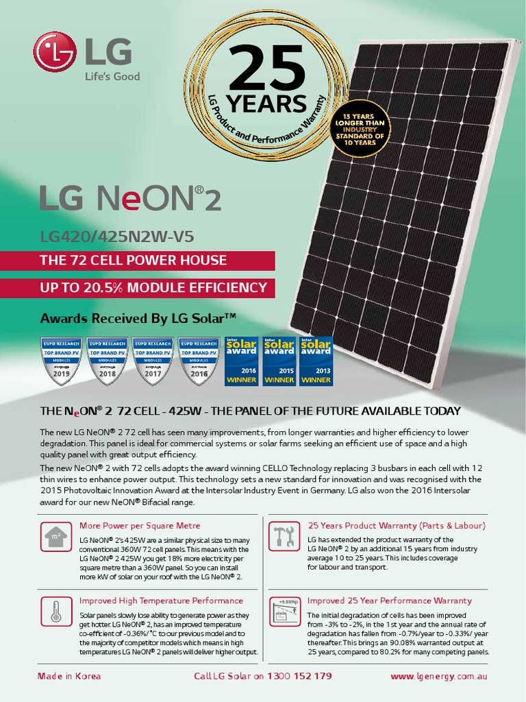 LG NeON® 2 (LG420-425N2W-V5) | PDF | Photovoltaics | Solar Panel