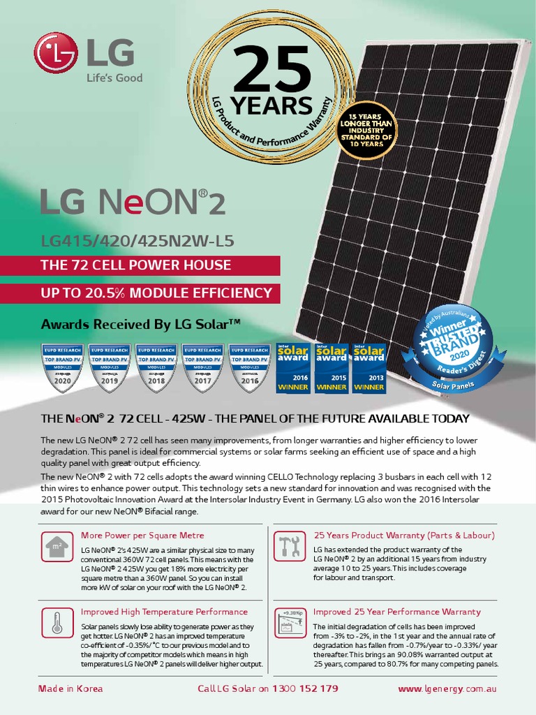 LG NeON® 2 (LG415-420-425N2W-L5) | PDF | Photovoltaics | Solar Energy