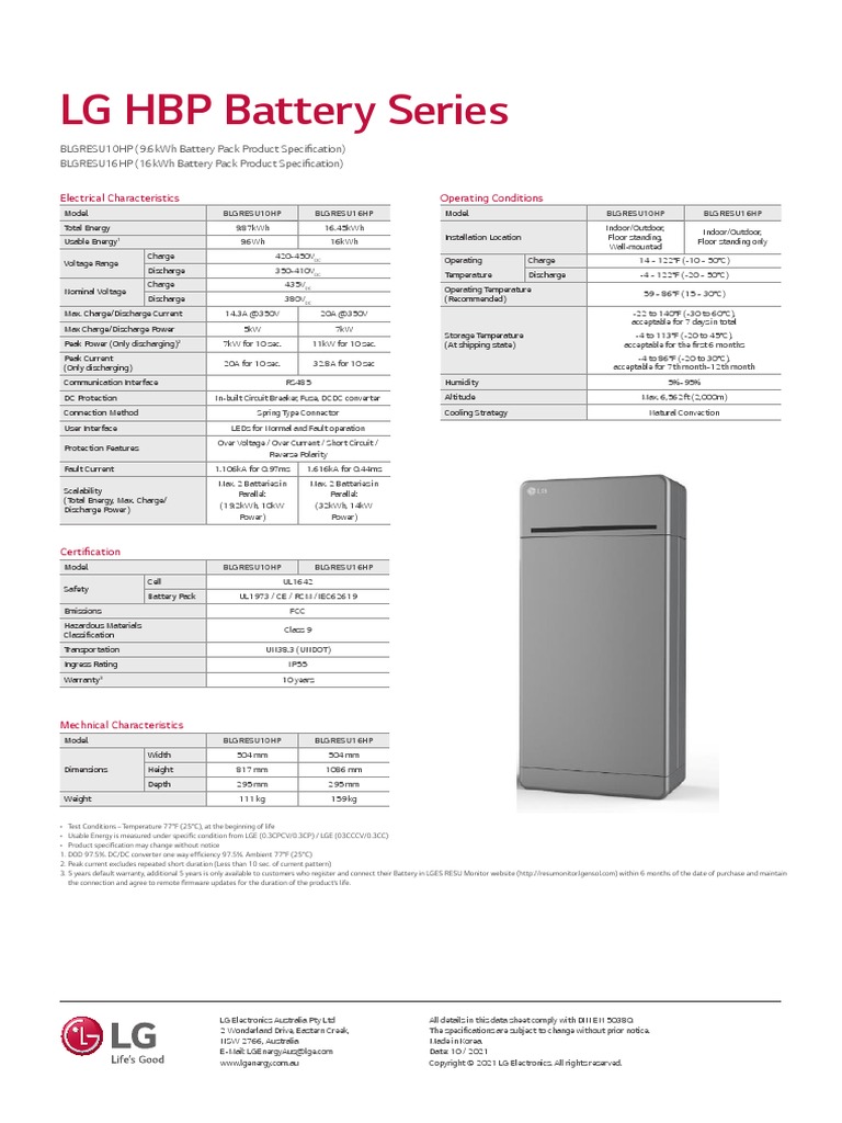 Product Datasheet For LG HBP10-16H Battery Series | PDF | Rechargeable ...