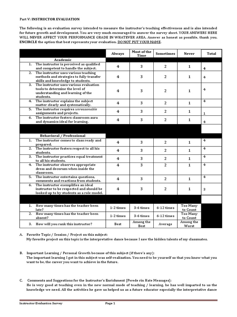 Instructor evaluation survey | PDF | Learning | Course Evaluation