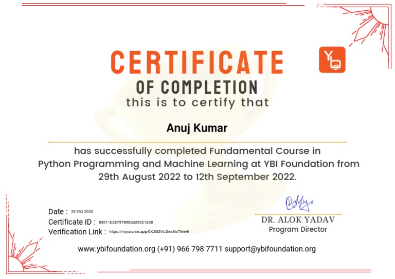 Certificate of Completion for Python and ML Course | PDF Certificate of Completion for Python and ML Course | PDF
