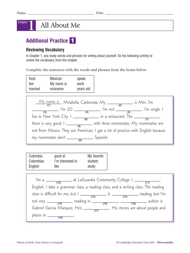 Writers at Work Chapter1 From Sentence To Paragraph Additional Practice Worksheet | PDF ...