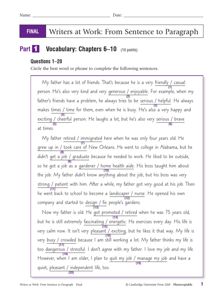 Writers-At-Work-From-Sentence-To-Paragraph - Exam | PDF | Paragraph