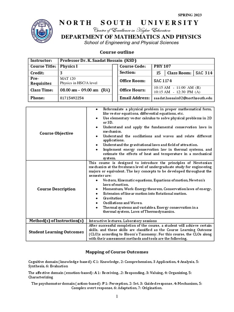Course Outline PHY 107 SPRING 2023 KSD Section-15 | PDF | Newton's Laws ...