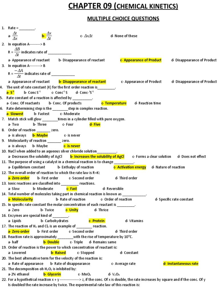 Chemistry MCQ Chapter 09 | PDF | Reaction Rate | Chemical Reactions