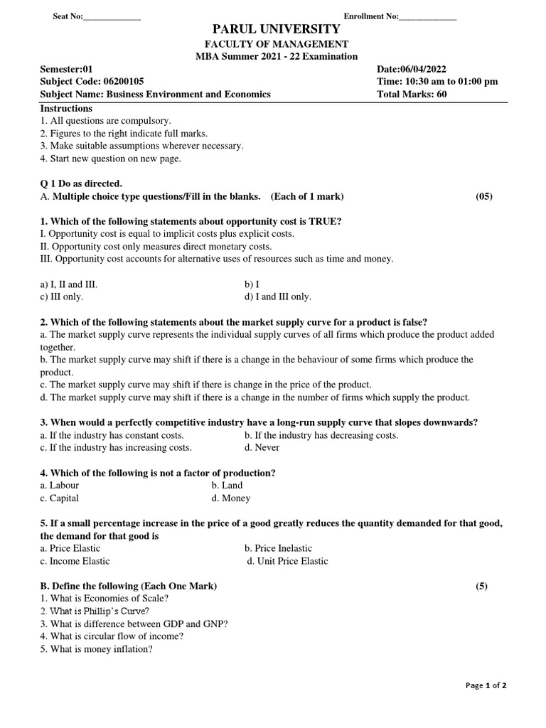 MBA Exam: Business Environment & Economics | PDF | Demand | Price ...