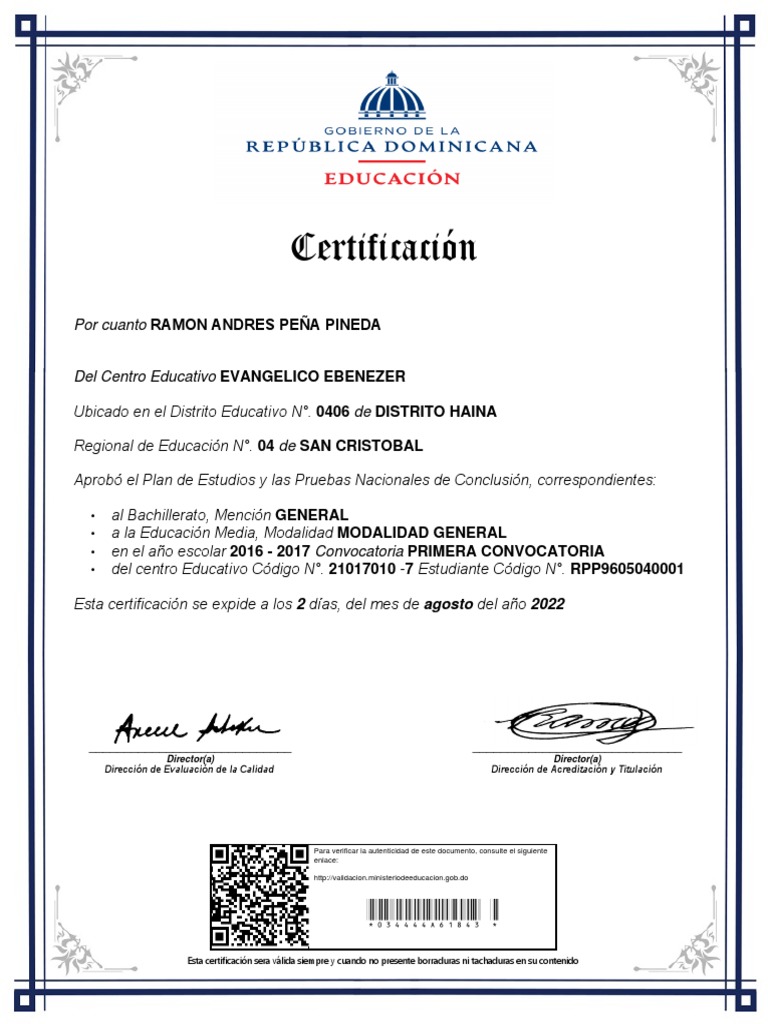Certificación Bachillerato General Año Escolar 2016-2017 | PDF