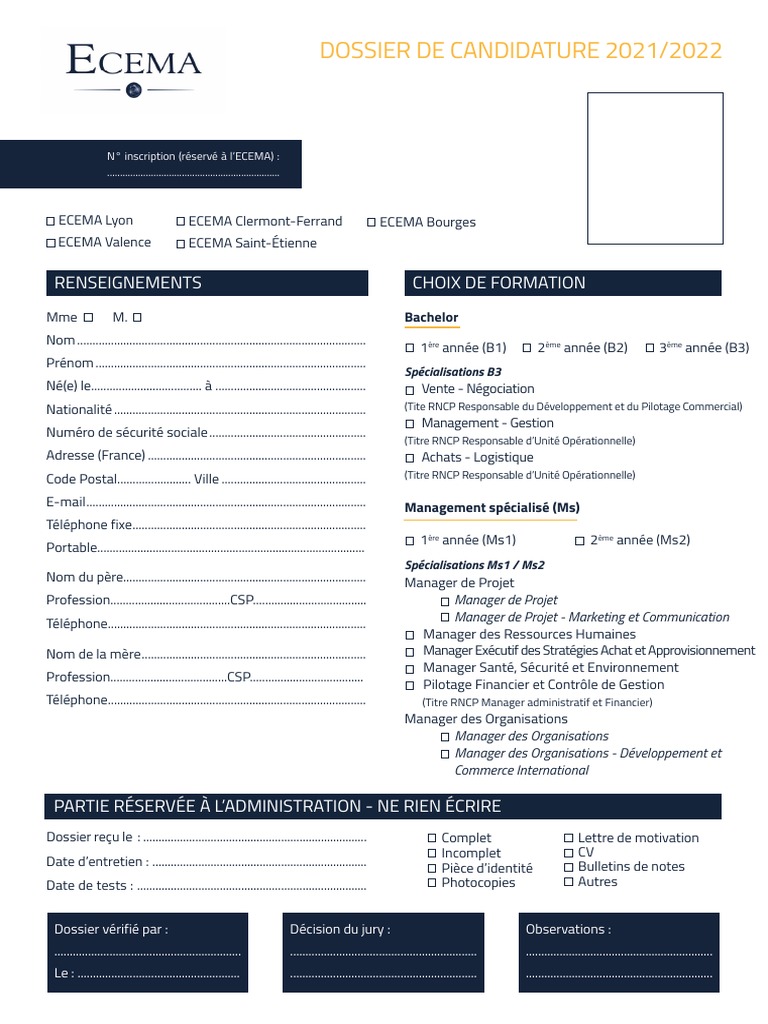 Dossier de Candidature ECEMA 2022-2023 | Descargar gratis PDF | Business