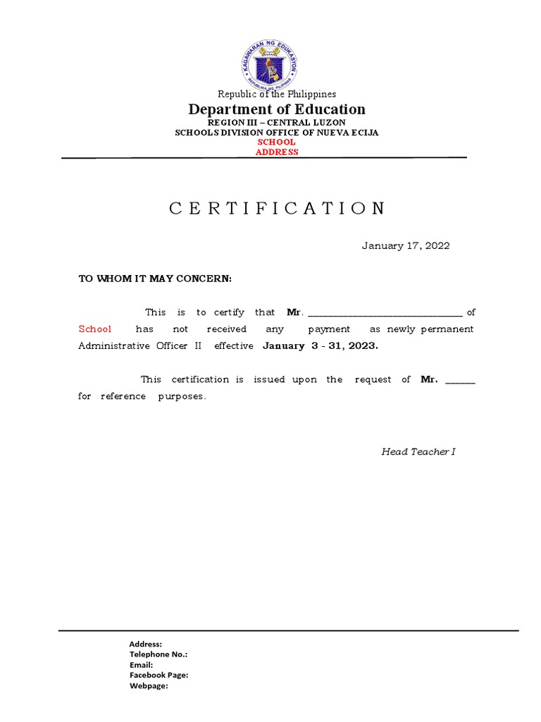 Certification-Has Not Received Any Payment (AO) | PDF