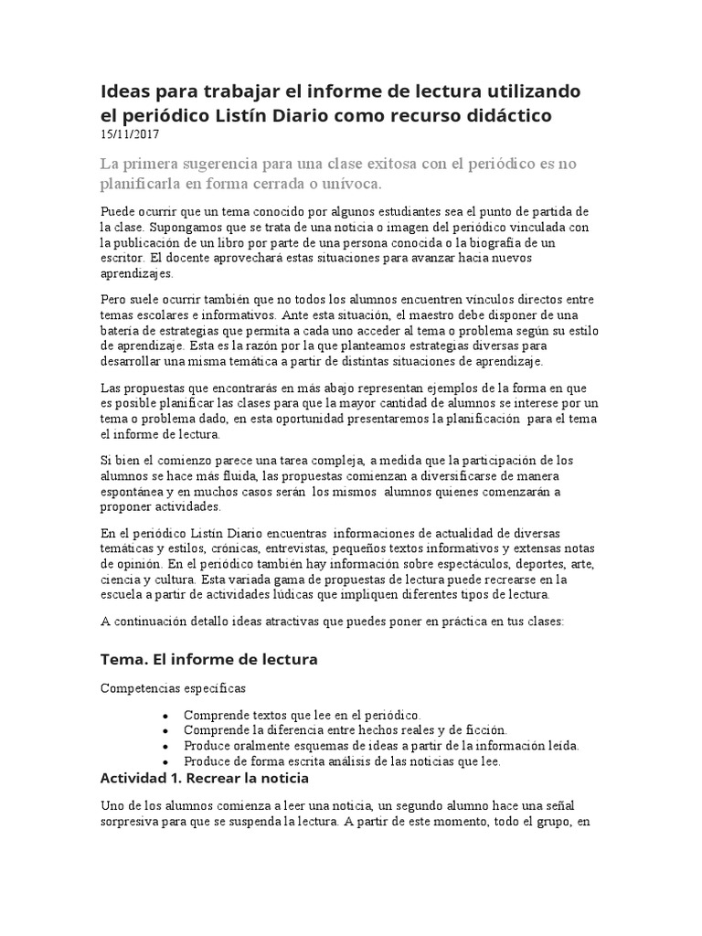 Ideas para Trabajar El Informe de Lectura Utilizando El Periódico ...