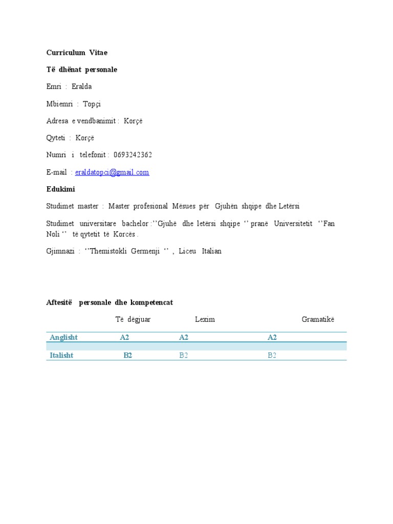 Curriculum Vitae Eralda | PDF
