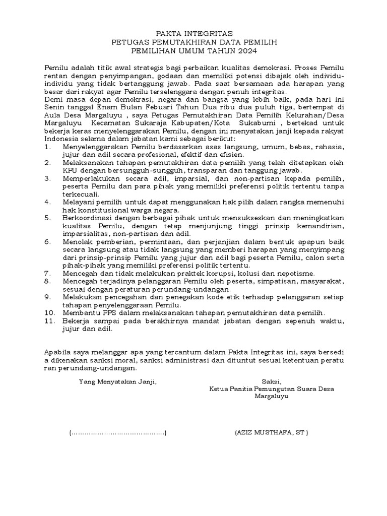 Pakta Integritas Pantarlih | PDF
