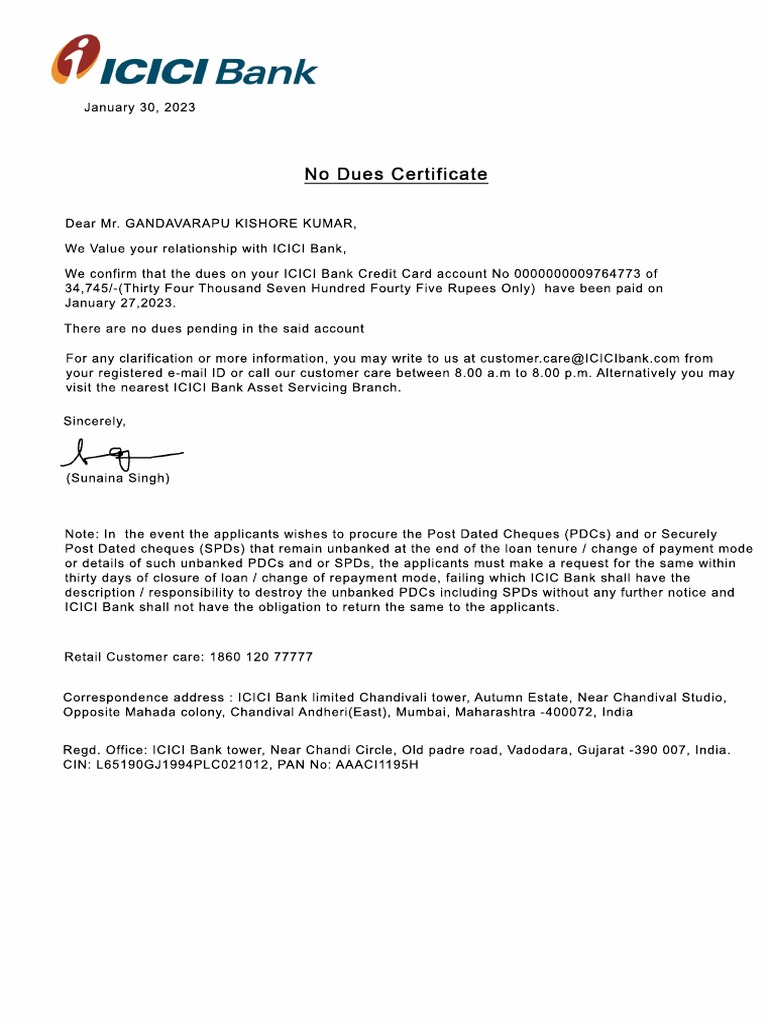 No Dues Certificate ICICI | PDF