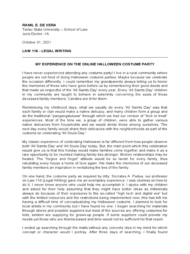 Halloween Costume Party Reaction Paper - Legal Writing | PDF ...