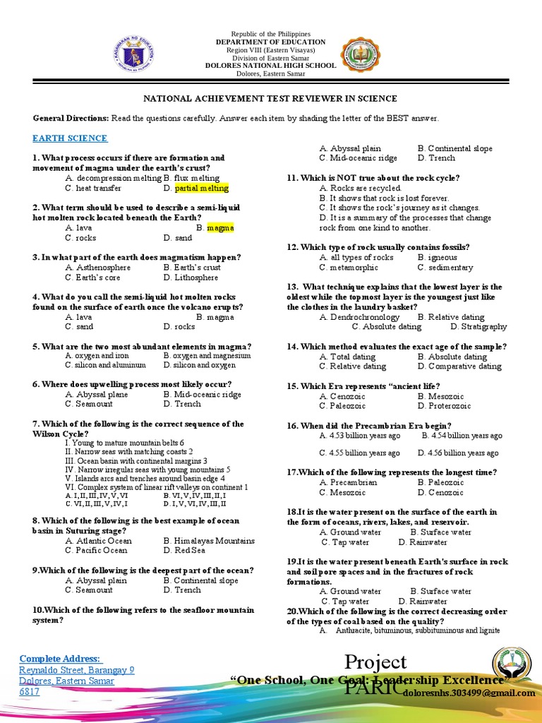 National Achievement Test Reviewer in Science: Earth Science and Life ...