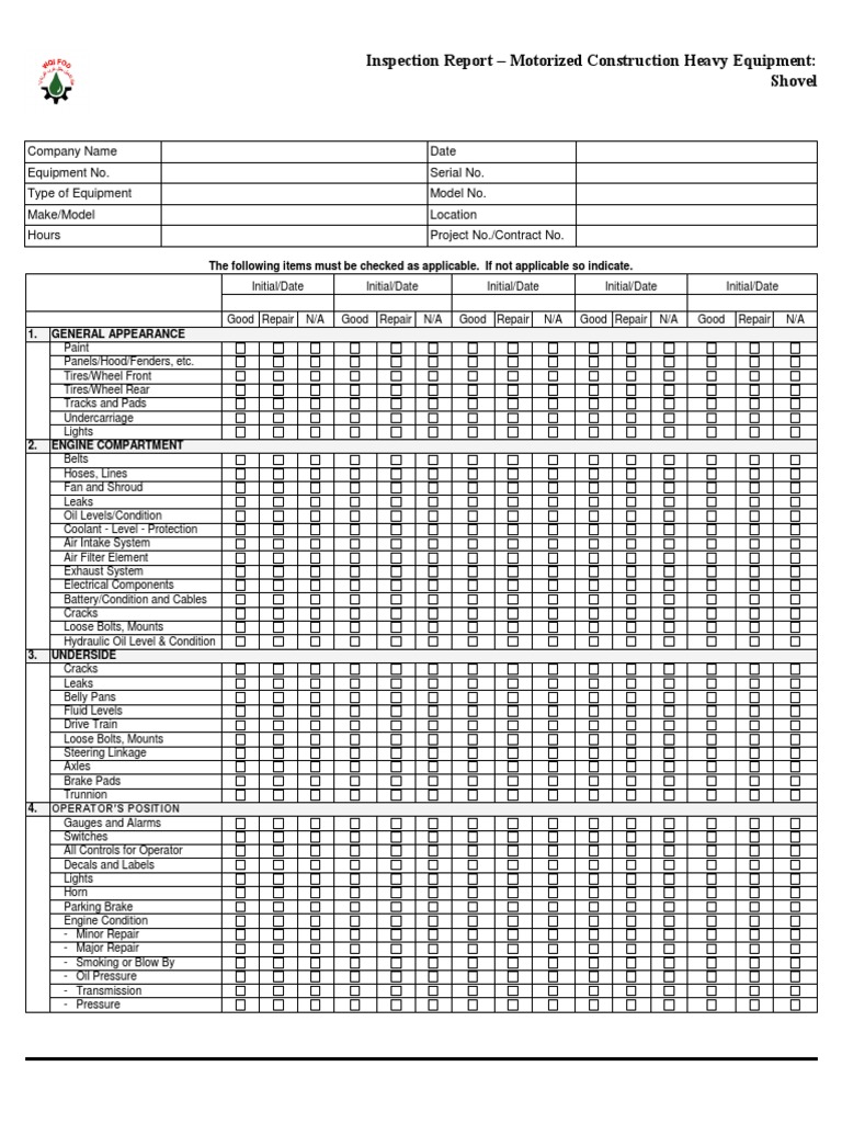 Shovel Checklist | Download Free PDF | Leak | Brake