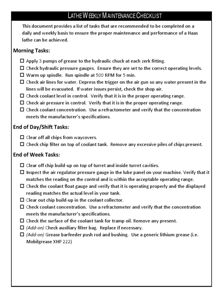 Haas Lathe Daily & Weekly Maintenance Guide | PDF