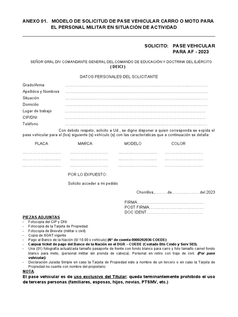 Anexo 01 Solicitud - Pase - Vehicular - Personal - Militar - Actividad - 2023 | PDF | Gobierno y ...