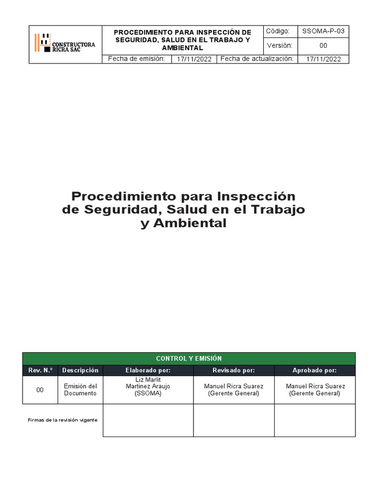 SSOMA-p - 03 Procedimiento de Inspecciones SSA - V00 | PDF | Riesgo | Planificación