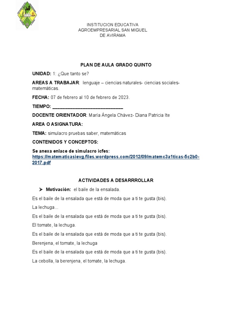 Plan de Aula Grado Quinto | PDF