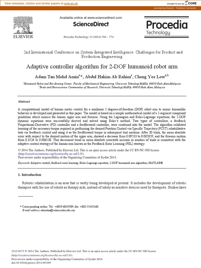 Adaptive Controller Algorithm For 2-Dof Humanoid Robot Arm ...