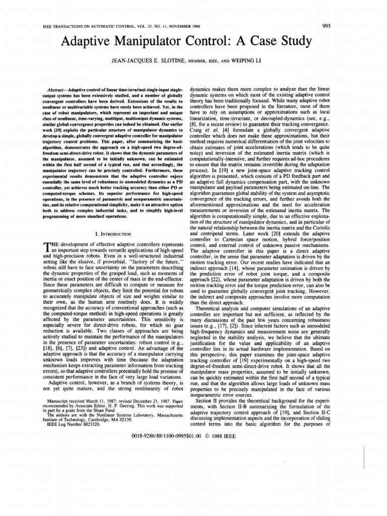 Slotine Li Tac 88 | PDF | Control Theory | Matrix (Mathematics)