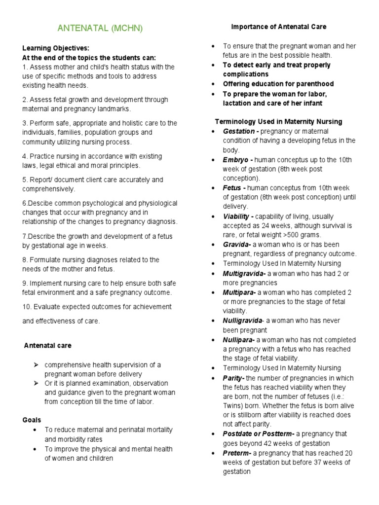 Antenatal Handout | PDF | Pregnancy | Placenta