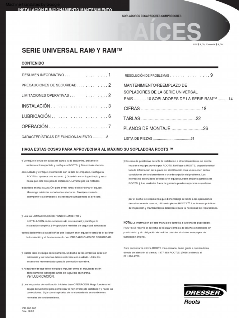 ROOTS - Manual de Mantenimiento Soplador RAI-2 ES | PDF | Rodamiento ...