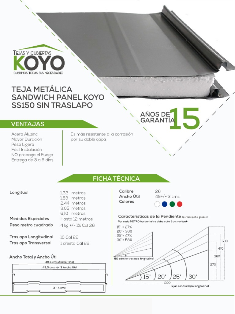 Ficha Teja Metálica Sandwich Panel Koyo Sin Traslapo | PDF