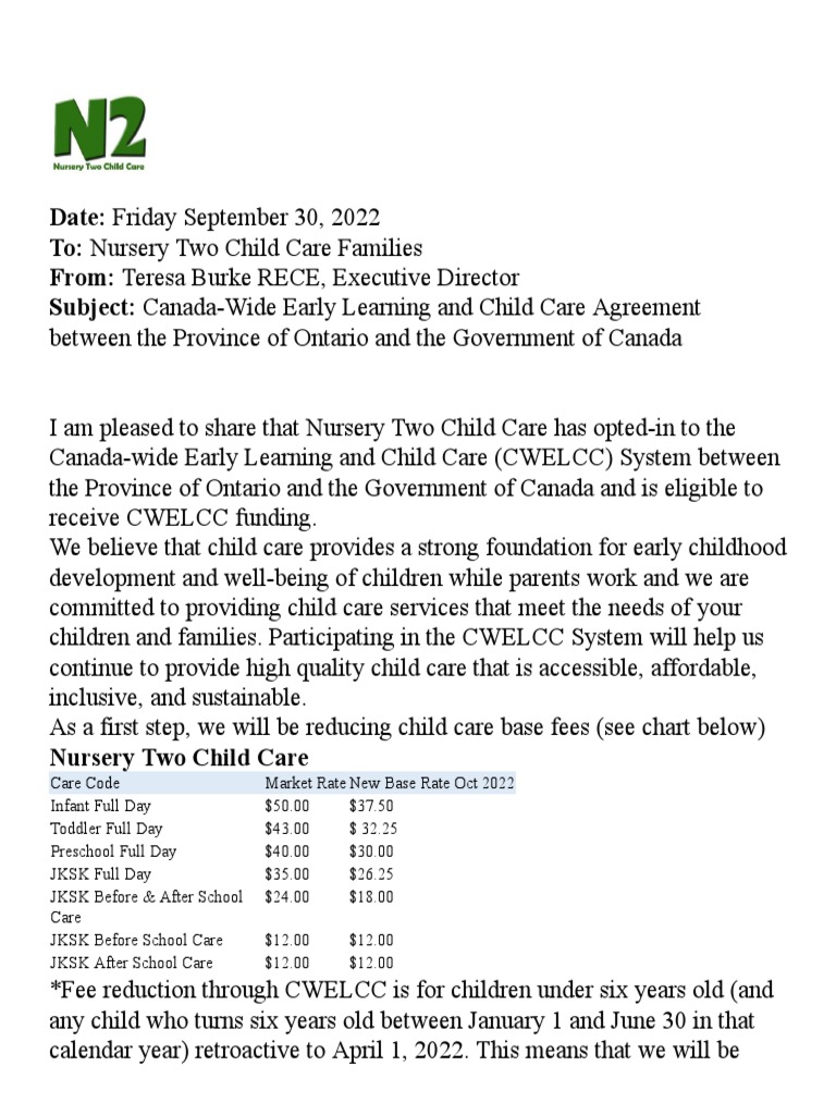 Cwelcc Letter To Parents 2022 | PDF | Child Care | Preschool