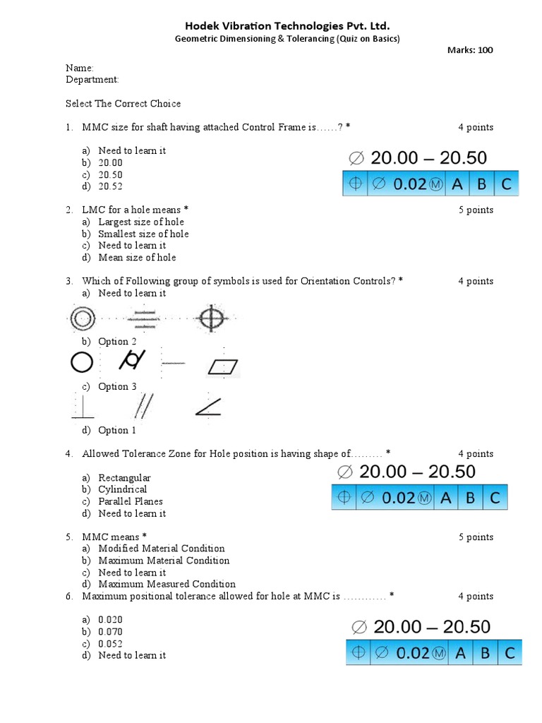 GD&T Basics Quiz for Hodek Vibration | PDF | Engineering Tolerance ...