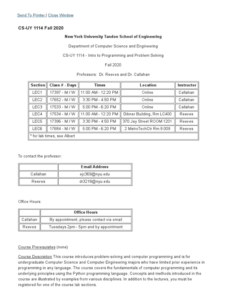 CS-UY 1114 Fall 2020 Syllabus | PDF | Academic Dishonesty | Computing