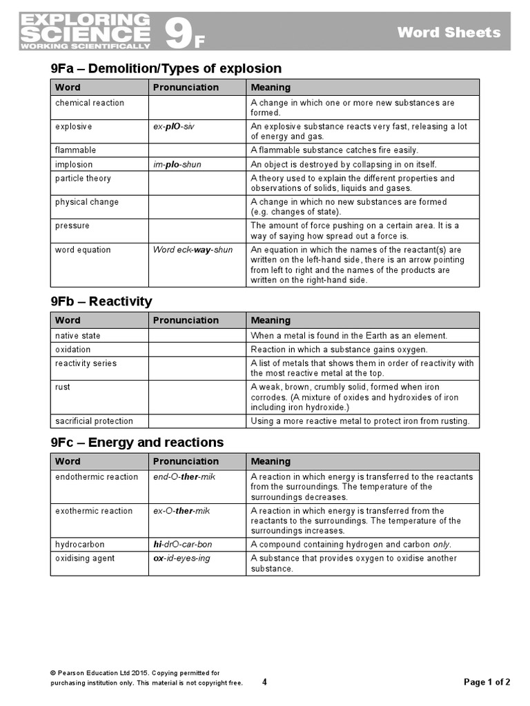 9f Word Sheets | PDF | Chemical Reactions | Redox
