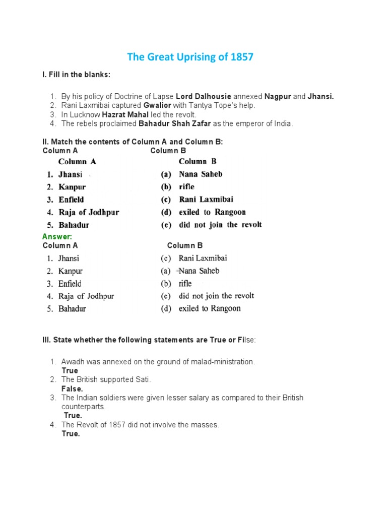 Revolt of 1857: Class 8 Q&A Guide | PDF | Indian Rebellion Of 1857