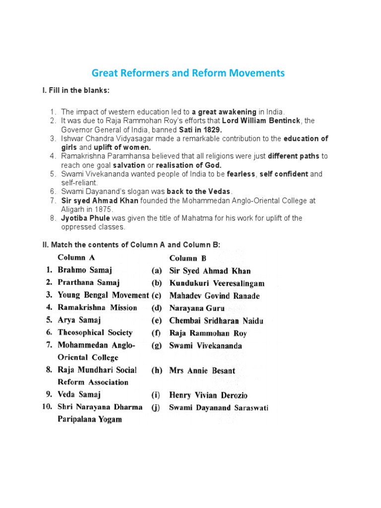 ICSE Focus On History Solutions Class 8 Chapter 8 Great Reformers and ...