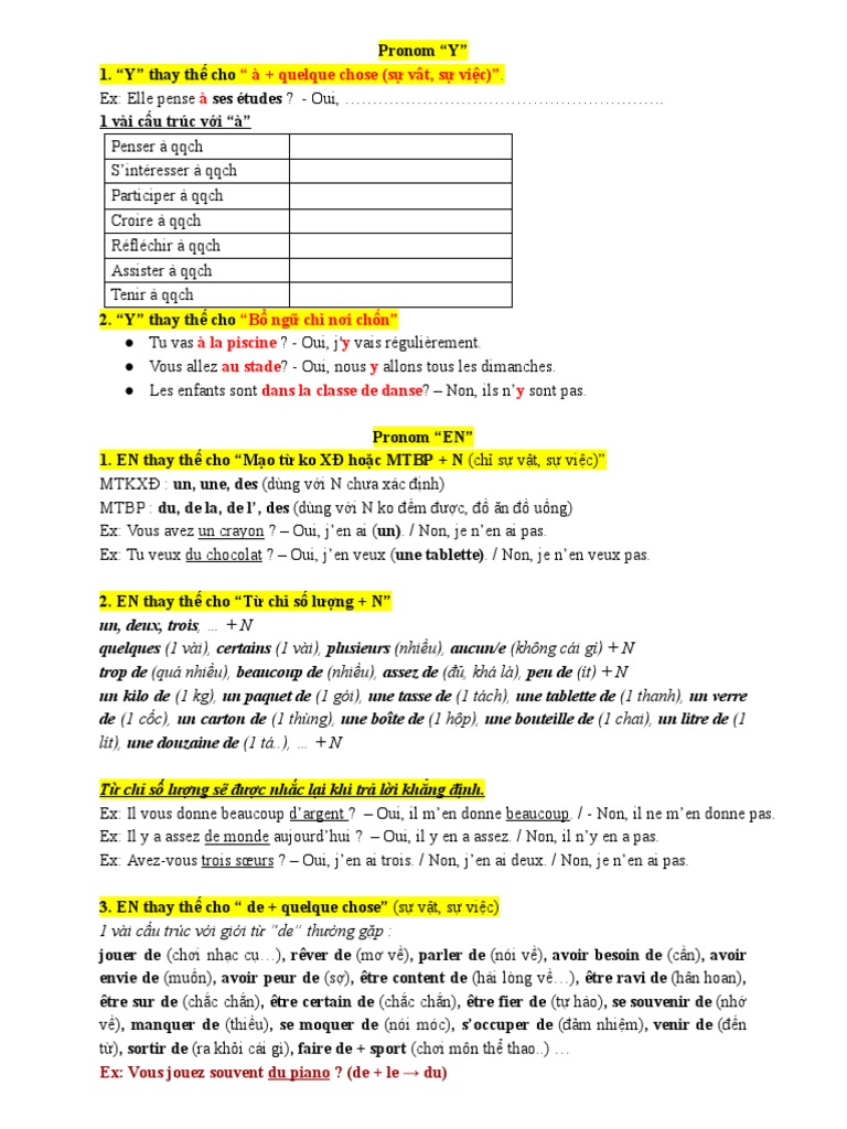 Pronom "Y" et "EN" en français | PDF | Nourritures