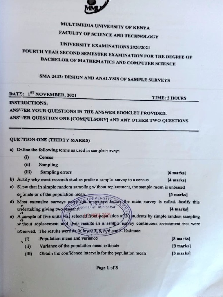 Design and Anlysis of Sample Surveys Exam | PDF | Estimator | Sampling ...