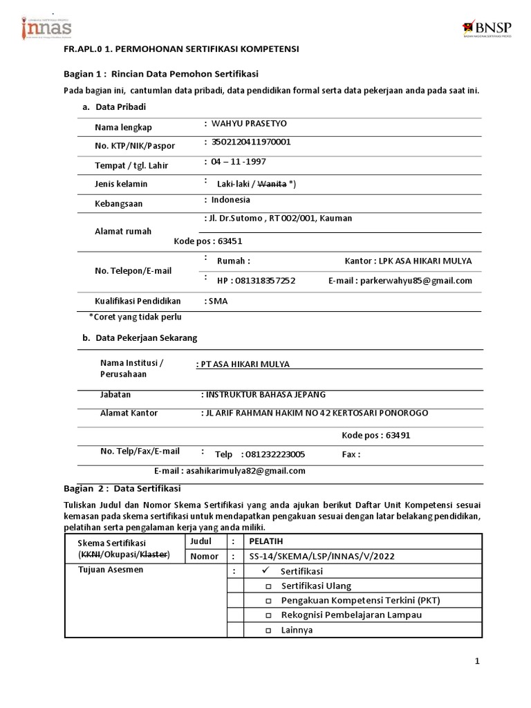 Permohonan Sertifikasi PELATIH BNSP Wahyu | PDF