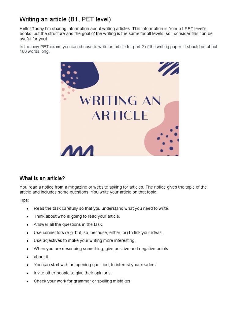 Writing An Article B1 PET | PDF | Cognitive Science | Cognition