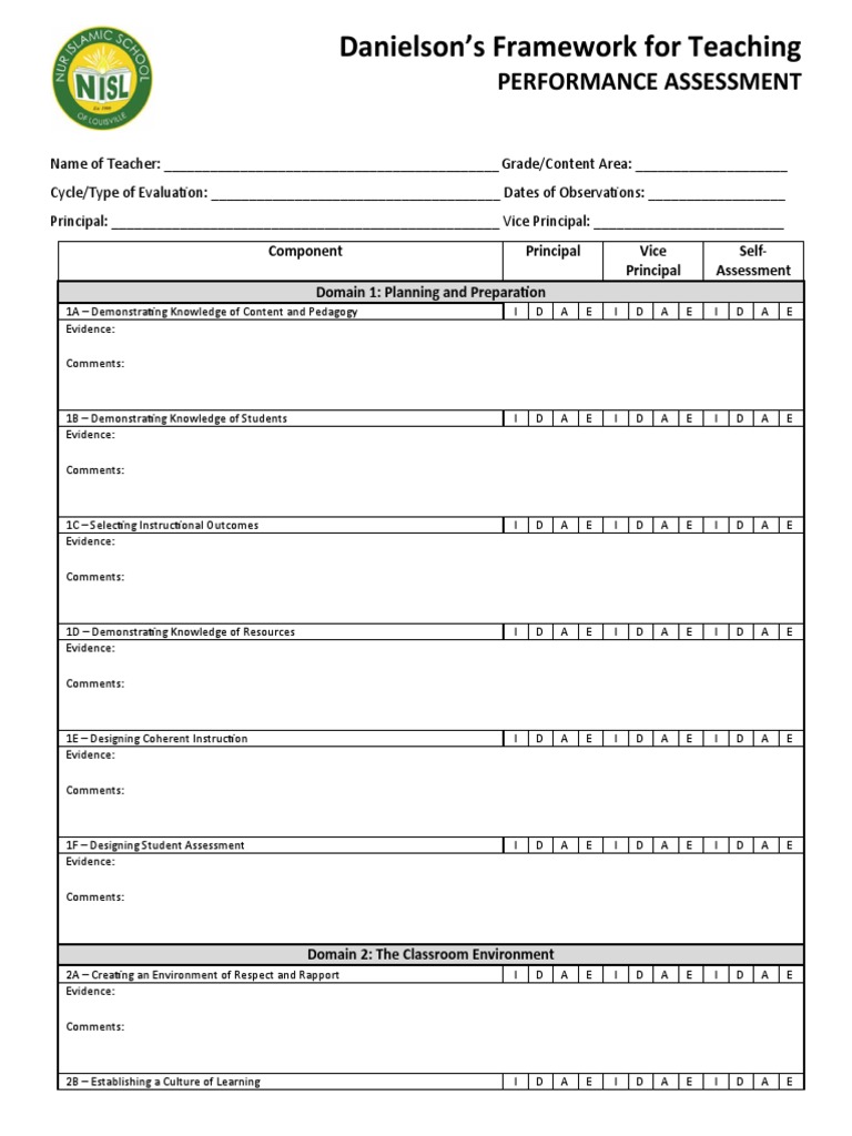 NISL Danielson's Framework Full Evaluation Tool | PDF | Educational ...