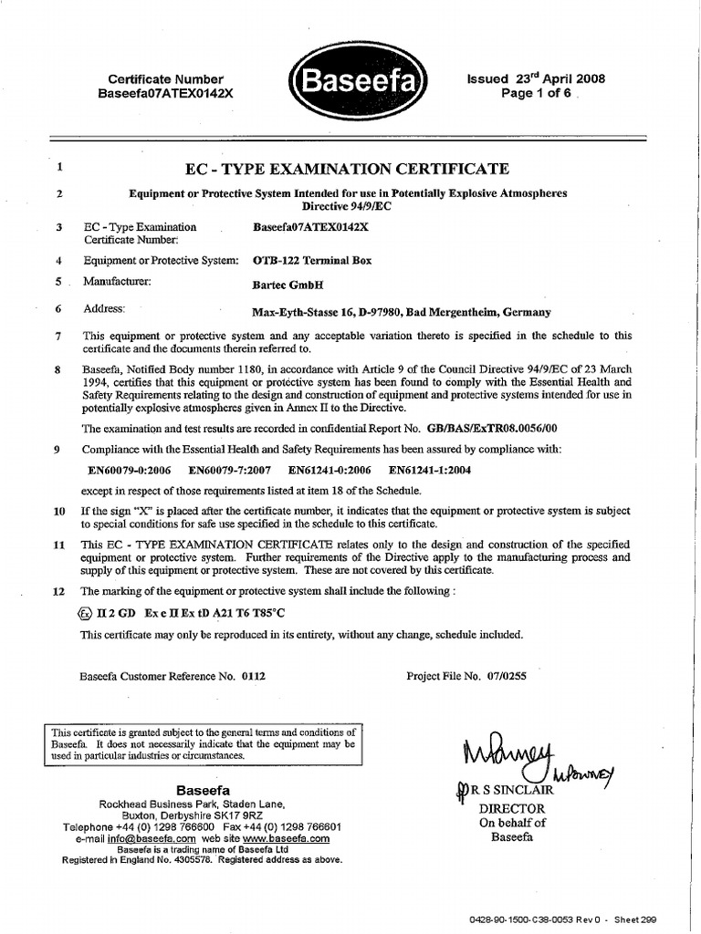 Baseefa 07atex0142x | PDF