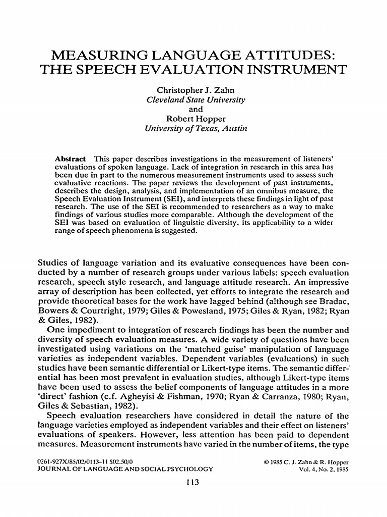 Zahn & Hopper, Measuring Language Attitudes - The Speech Evaluation Instrument | PDF