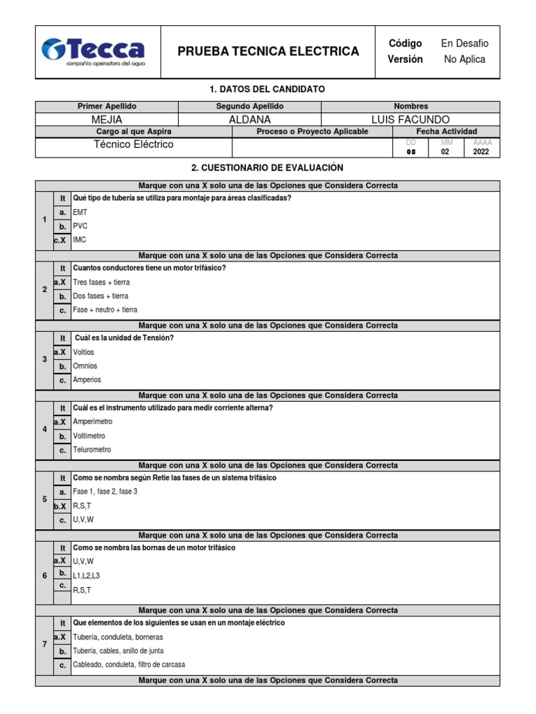 Prueba Tecnica Electricos | PDF | Corriente eléctrica | Electromagnetismo