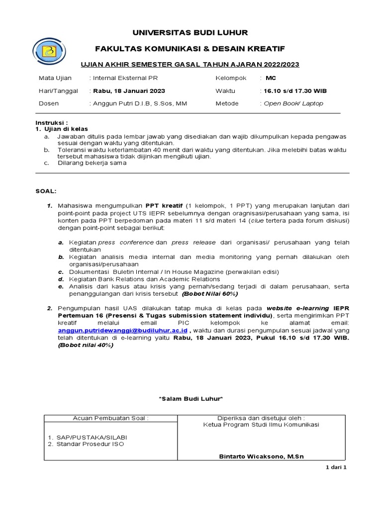 SOAL UAS 2023 Internal Eksternal PR (MC) | PDF | Seni