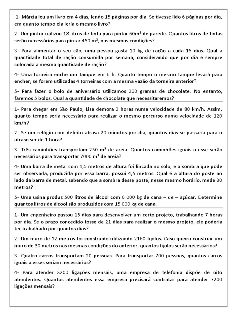 Problemas Regra de 3 Simples | PDF | Tempo | Chocolate