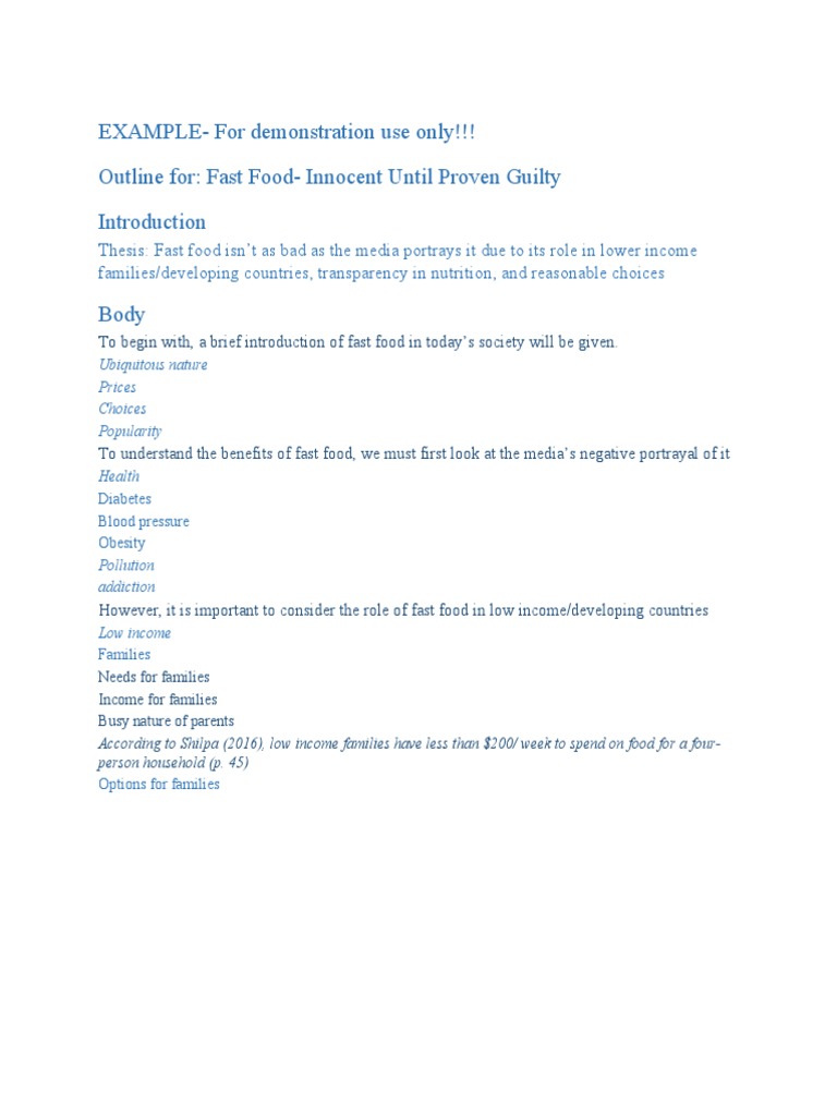 Example Outline For Fast Food1 | PDF | Fast Food | Obesity