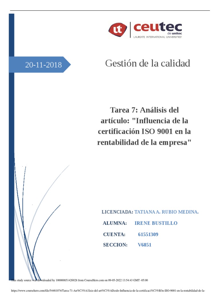Tarea 7.1 An Lisis Del Art Culo Influencia de La Certificaci N ISO 9001 en La Rentabilidad de La ...